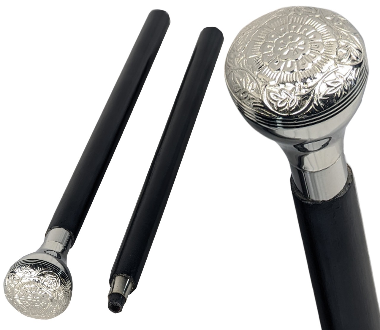 Nickel Finish Engraved Flower Round Top Swagger Cane/Walking Stick 93cm