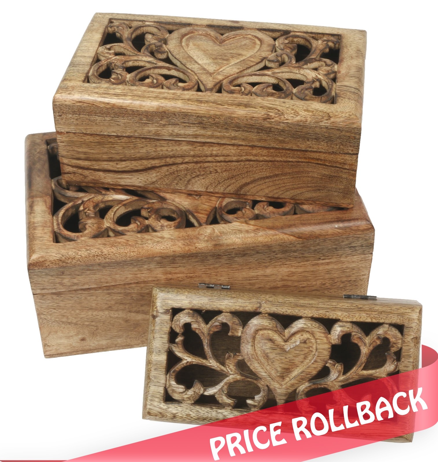 Mango Wood Set/3 Oblong Boxes Heart Carvings Design - Mango Wood ...